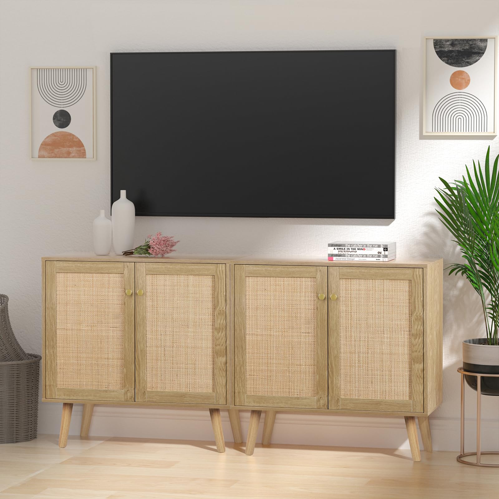 Anmytek Rattan Cabinet, 2 Door Sideboard Buffet Cabinet with Adjustable Shelf Wood Storage Cabinet for Living Room Dining Room Kitchen Hallway Entryway,H0082