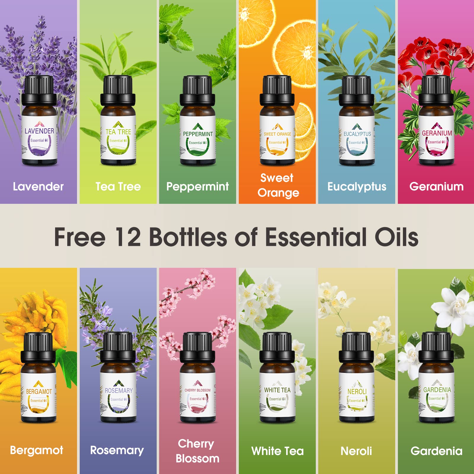Aromatherapy Diffuser with 12 Essential Oils Set, 550ML Aroma Humidifier for Essential Oil Large Room, Bedroom Vaporizers Cool Mist Humidifier Gift Set…