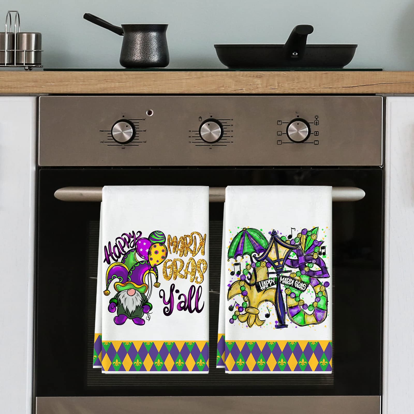 AnyDesign Mardi Gras Kitchen Dish Towel Purple Green Diamond Lattice Print Kitchen Towel 18 x 28 Inch Home Love Gnome Hand Drying Tea Towel for Carnival Cooking Baking Cleaning Wipes, 4Pcs