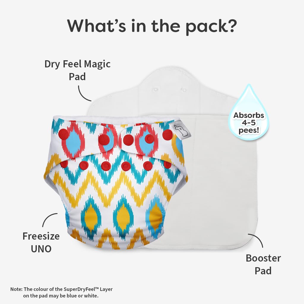 SuperBottoms New UNO Freesize Cloth Diaper, Cloth Diaper for Babies 0 to 3 Years, Washable & Reusable Cloth Diaper, Comes with Cloth Diaper Insert, 1 Diaper and 1 Organic Cotton Soaker
