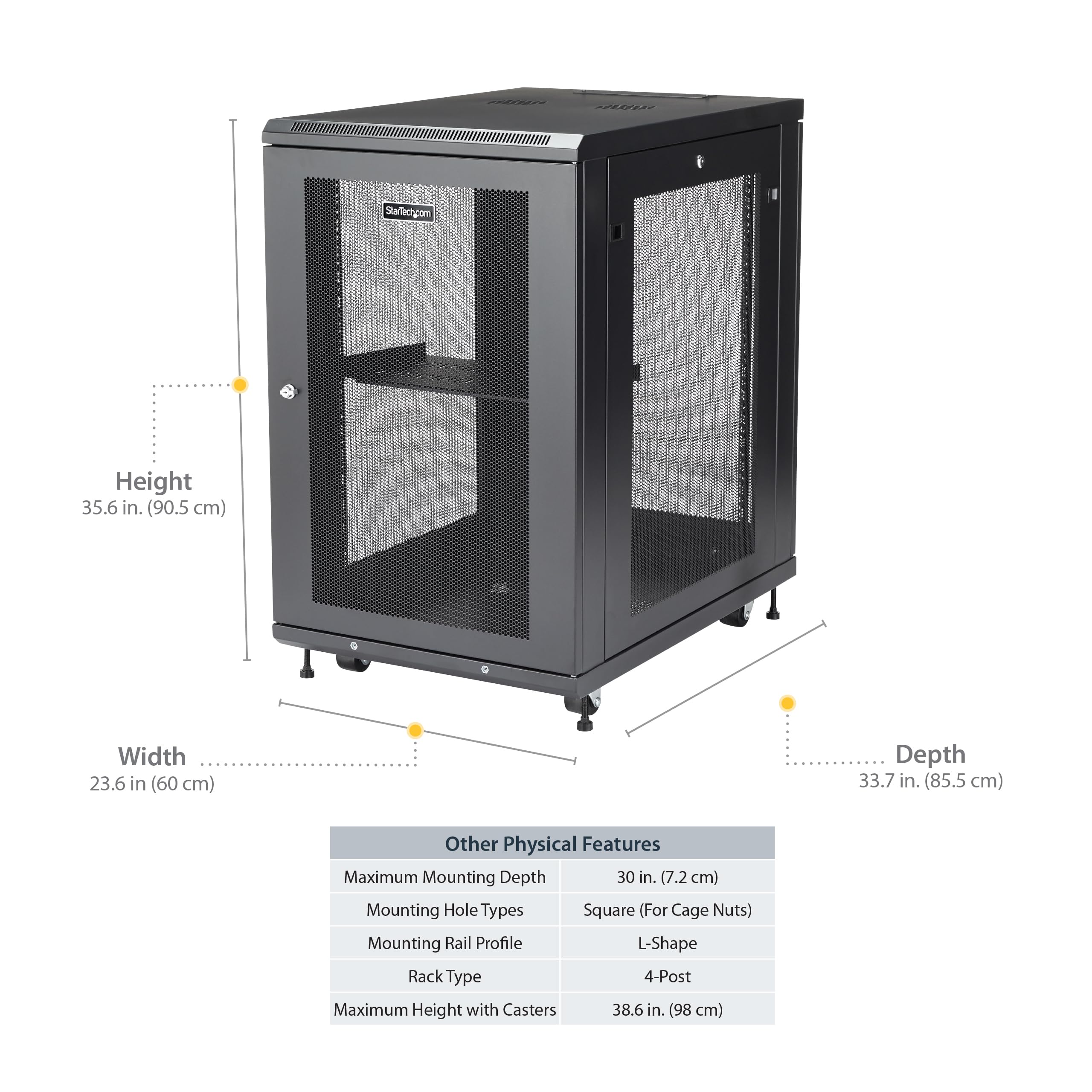StarTech.com 4-Post 18U Server Rack Cabinet, 19" Data Rack Cabinet for IT / Network Equipment, with Adjustable Mounting Rails