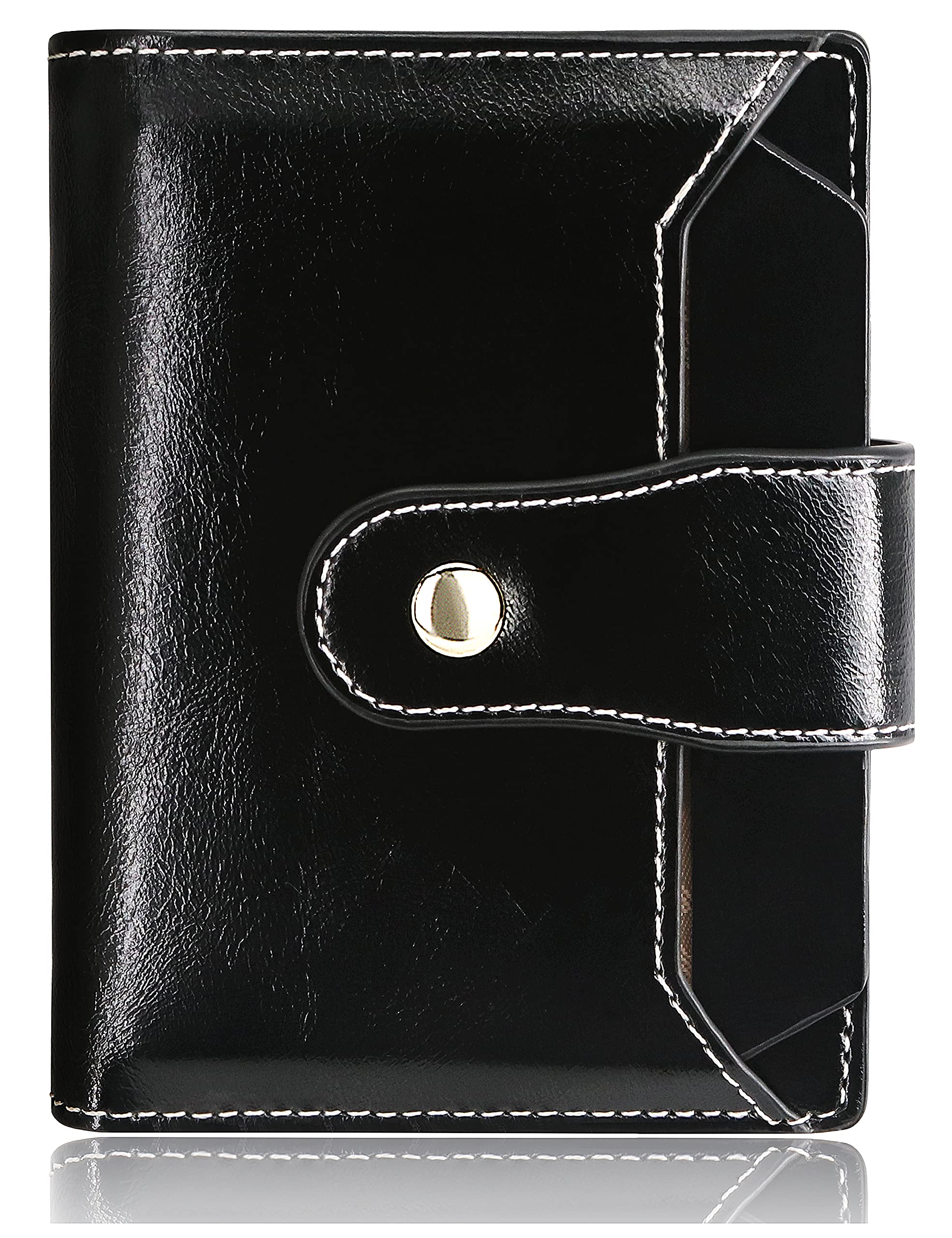 IamaCos Women Artificial Leather Wallets Compact Bifold Wallet RFID Blocking Card Holder Zipper Coin Purse 10 Card Slots 2 ID Windows Black