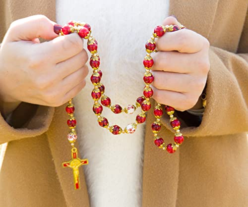 Nazareth Store Saint Benedict Red Rosary Beads Catholic Necklace Flowers Mystery Bead Miraculous Medal Locket Cross Prayer Rosarios Catolicos