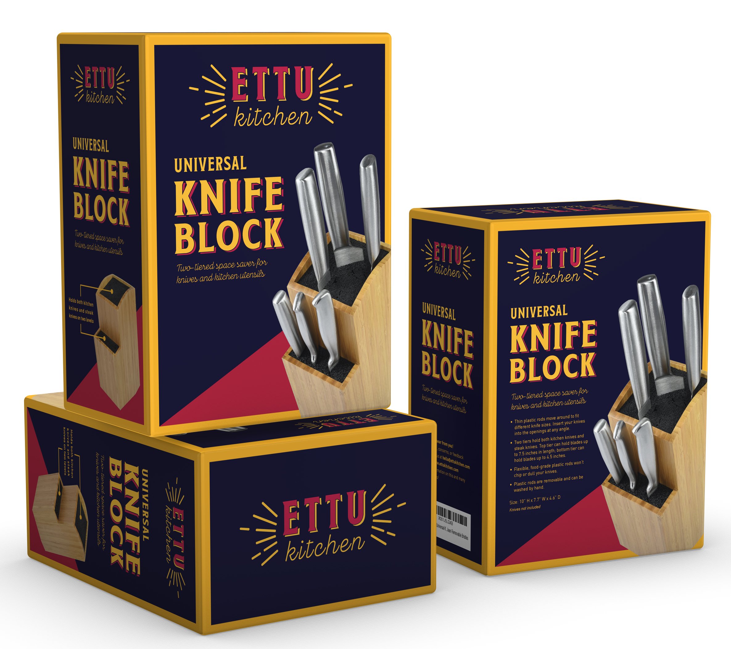 Bamboo Universal Knife Block - Extra Large Two-tiered Slotless Wooden Knife Stand, Organizer & Holder - Convenient Safe Storage for Large & Small Knives & Utensils - Easy to Clean Removable Bristles
