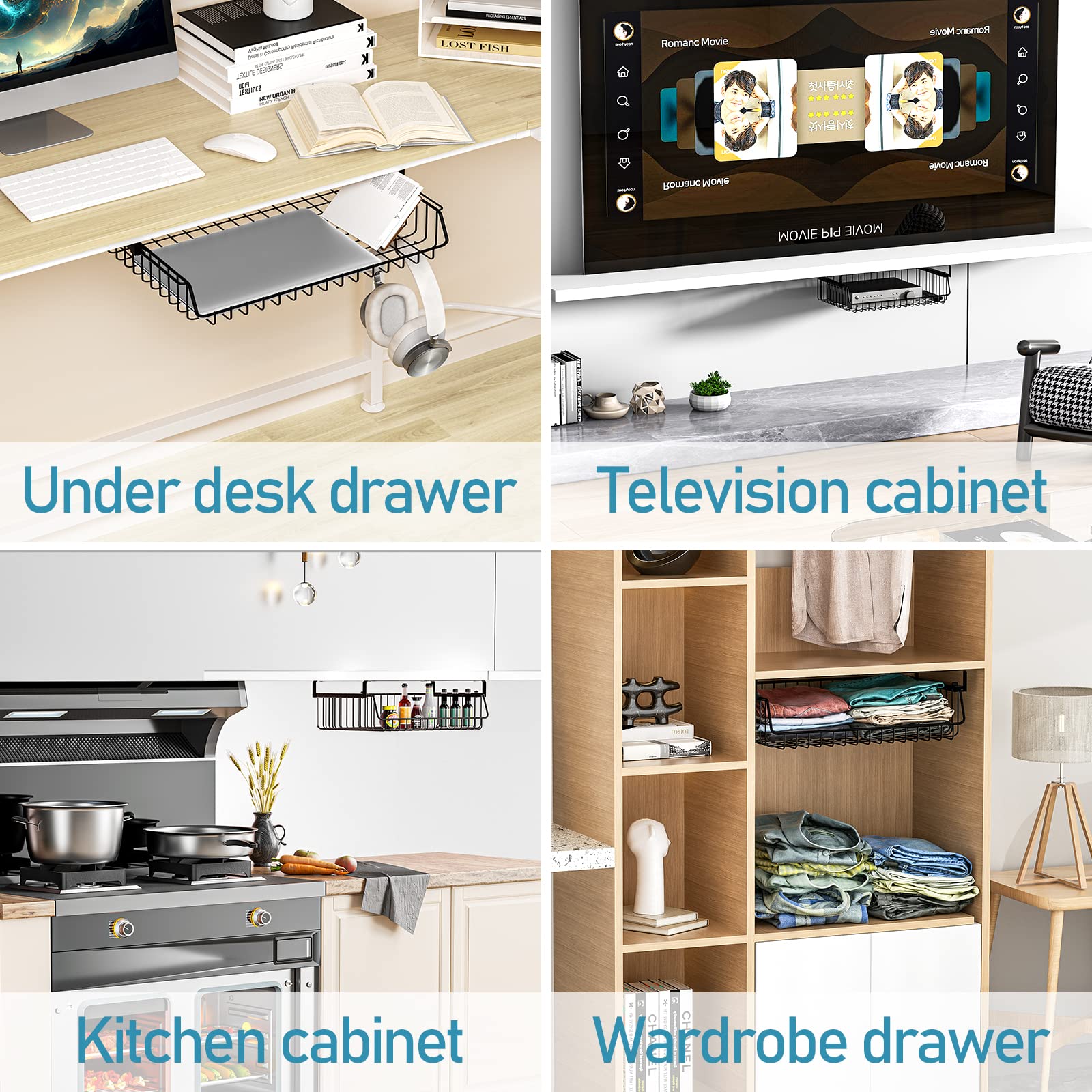 ADWOLT Under Desk Storage Shelf Drawer 1 Pack No Drill Metal Table Cable Basket Drawer Slide Out for Storing Extension Cords,Set Top Box,Under Desk Cable Management Organizer Rack for Home