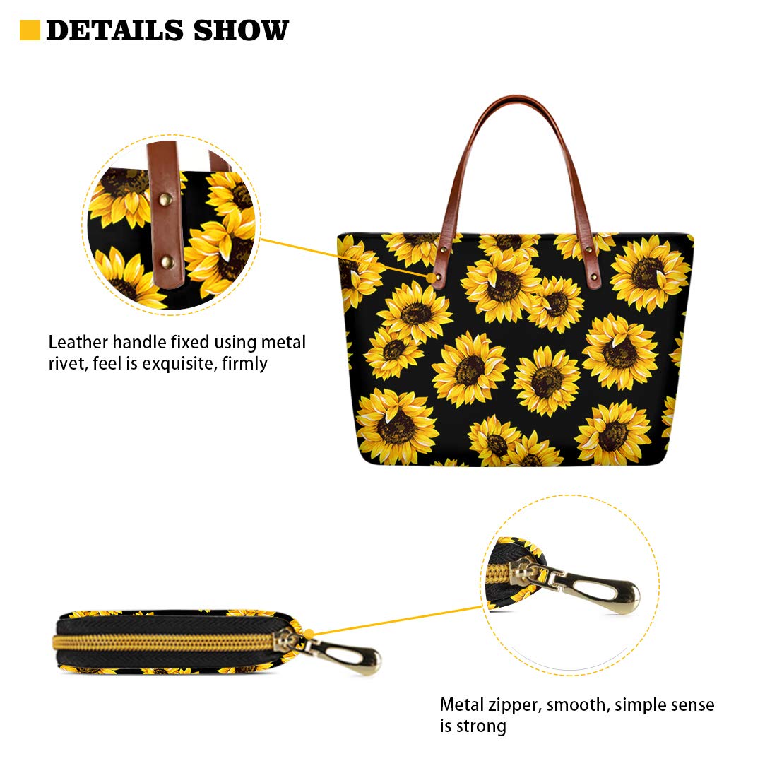 JEOCODY Cute Dolphins Pattern Handbags and Wallets Sets for Women Ladies Top Handle Bag Travel Work Daisy Shoulder Shopper Bag