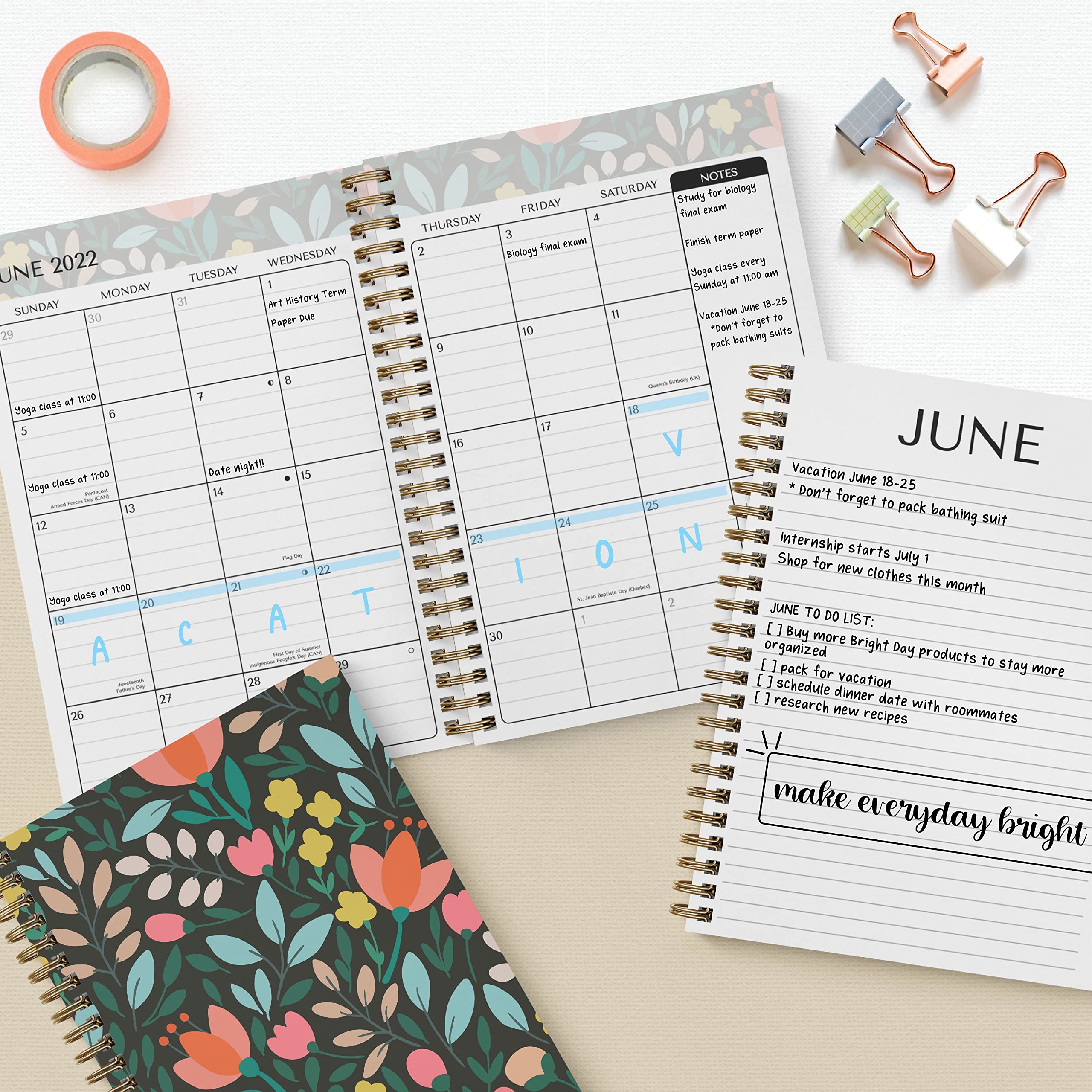 Academic Planner Yearly Monthly Weekly Daily Large Calendar Organizer by Bright Day Spiral Bound Dated Agenda Flexible Cover Notebook, June 2022 - July 2023, 8.25 x 6.25, Black Floral