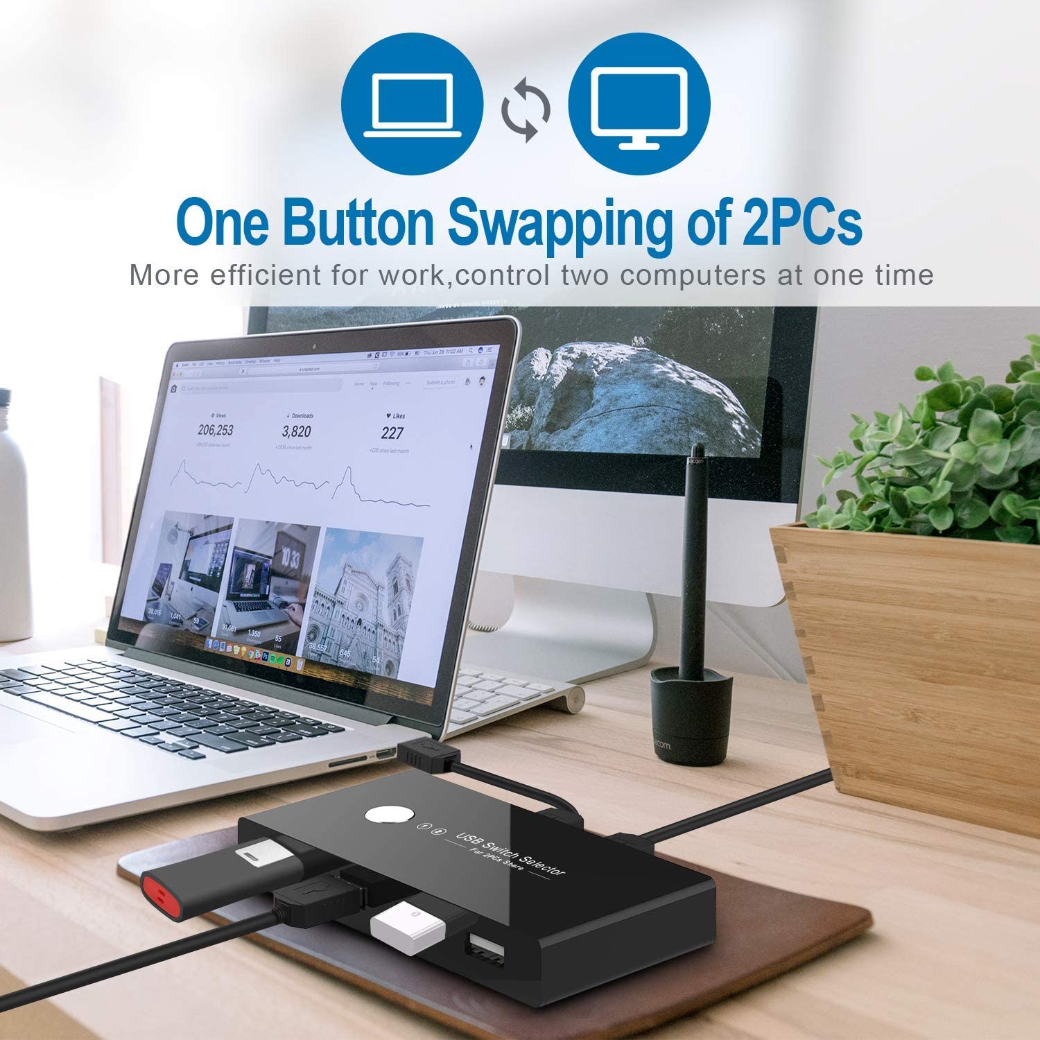 Amtake USB Switch Selector, USB 2.0 KVM Switch for 2 Computers Sharing 4 USB Devices Peripheral Switcher Hub for Mouse, Keyboard, Scanner, Printer with One-Button Swapping and 2 Pack USB A to A Cable