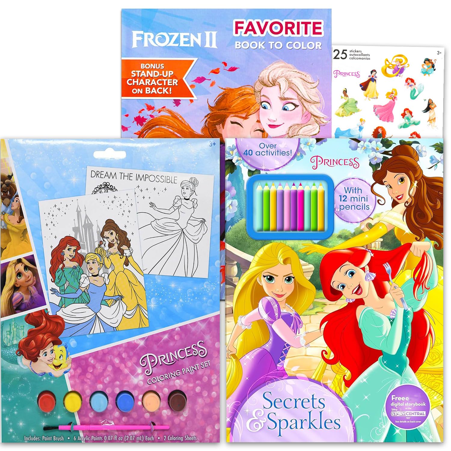 Disney Princess Coloring and Activity Book Ultimate Bundle - 3 Pack Disney Princess Arts and Crafts Set with Stickers, Painting Supplies, and More