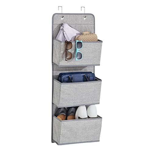 mDesign Fabric Hanging Organizers for Over the Door Storage In Bedroom/Hallway Closets, 3 Pocket Organizer Caddy, Hooks for Linens, Clothing, Accessories, Lido Collection, Textured Print, 2 Pack, Gray