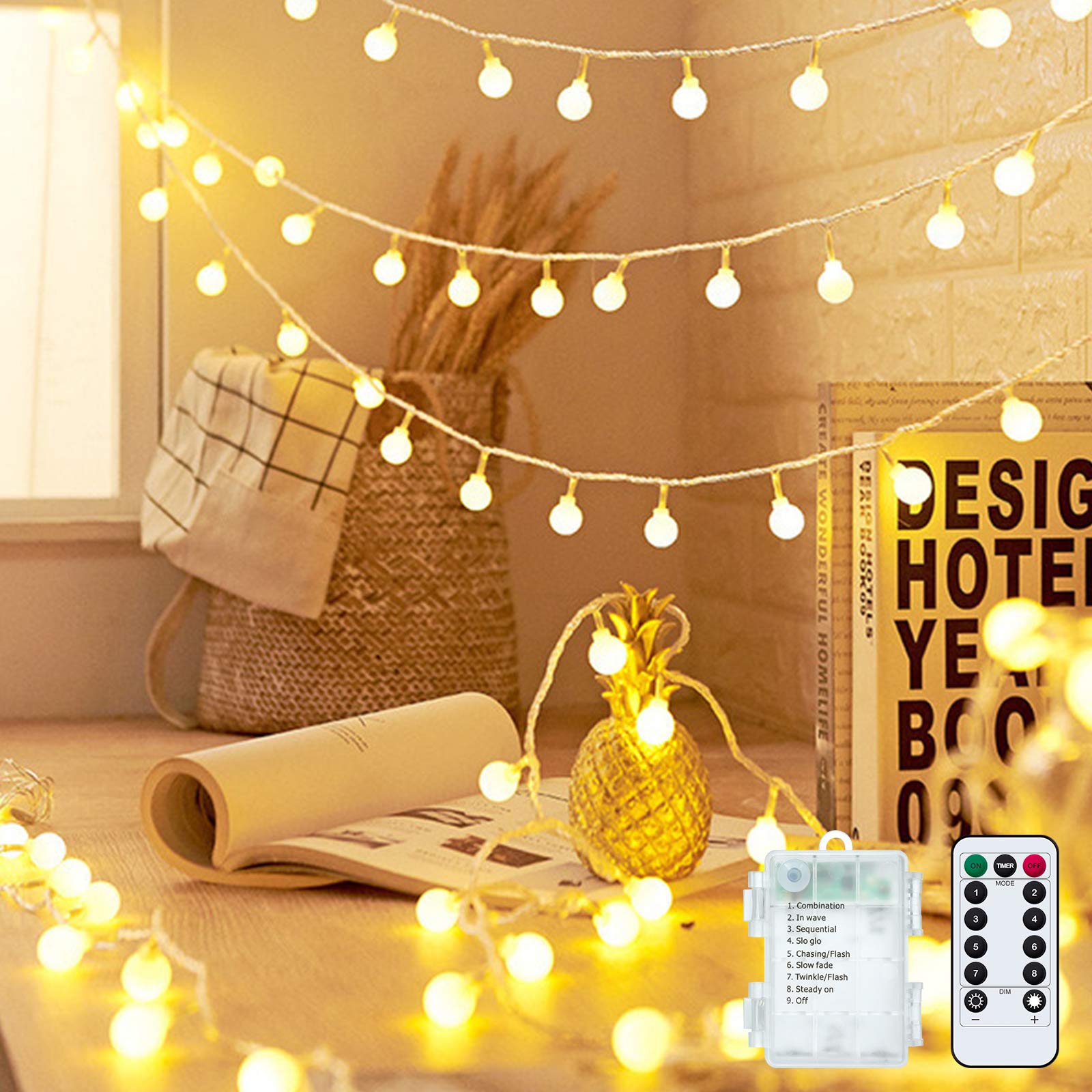 ANJAYLIA LED Globe String Lights Battery Operated, 20FT 50LED Outdoor Fairy String Lights with Remote for Patio Garden Home Christmas Party, Warm White