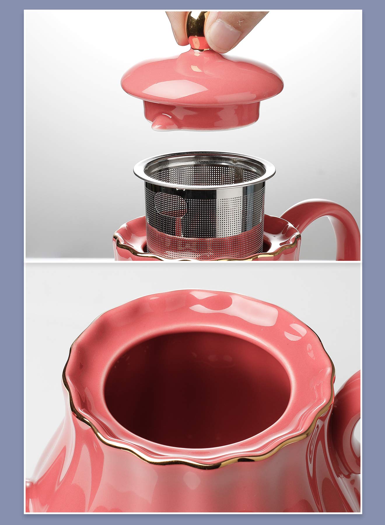 Amazingware Porcelain Tea Set - Tea Cup and Saucer Set Service for 6, with 28 ounces Teapot Sugar Bowl Cream Pitcher Teaspoons and Tea Strainer - for Thanksgiving - Pumpkin Fluted Shape, Red