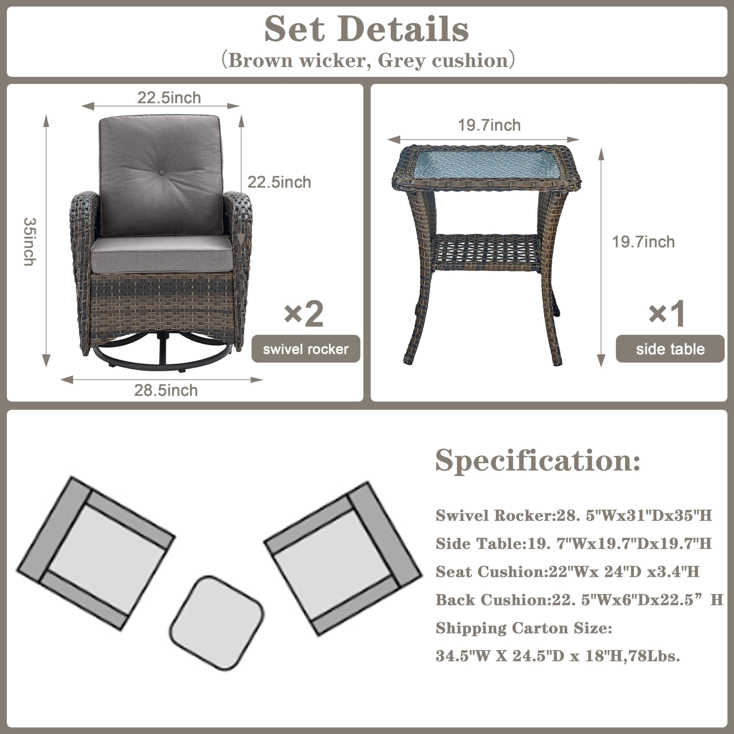 Belord Patio Wicker Chairs Swivel Rocker - Outdoor Swivel Rocking Chairs Set of 2 with Rattan Side Table, Patio Swivel Glider Chair 3 Piece Patio Furniture Sets for Patio Porch Pool Brown/Grey