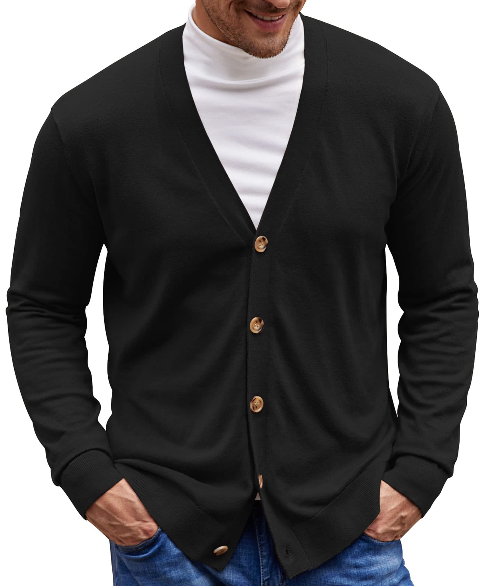 Aimeilgot Men's Casual Slim Fit V-Neck Knitted Cardigan Sweaters with Buttons(Black,Medium)