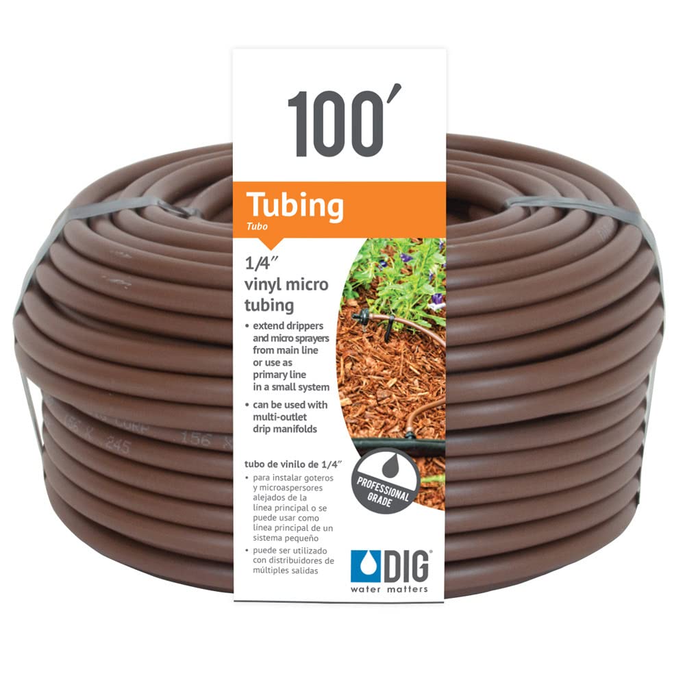 DIG B38100 100’ ¼” Vinyl Tubing (.170 ID x .250 OD) | Flexible, UV-Resistant Feeder Line | Ideal for Drip Emitters, Micro-Sprinklers in Gardens, Landscaping, Irrigation Projects (Brown)