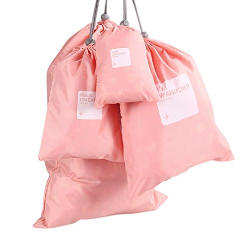 Multipurpose Essential Travel Packing Organiser Waterproof Drawstring Suitcase Clothes Underwear Laundry Shoes Bags Storages Toiletries Cosmetics Cases Holders Storages Bags Pouches 4 Pcs set Pink