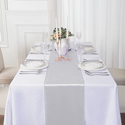 flohar 12Pack Table Runner 12 x 108 Inches Satin Silk Table Runner for Wedding, Birthday Party, Banquets, Graduations Decoration, fit Rectange and Round Table-Silver