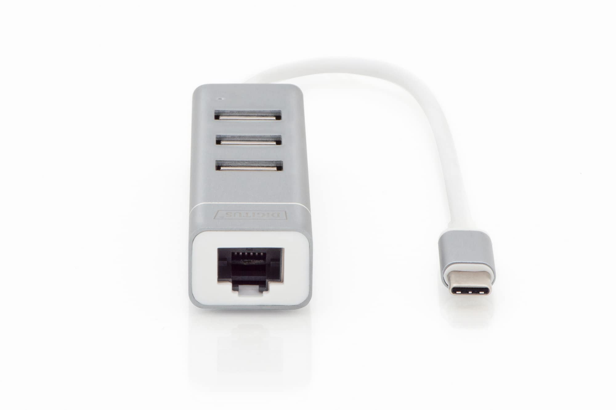 DIGITUS USB Type-C 2.0 Hub - with Fast Ethernet LAN Adapter - 3X USB-A Ports 480 Mbps - 1x RJ45 Port 100 Mbps - Plug & Play - Silver