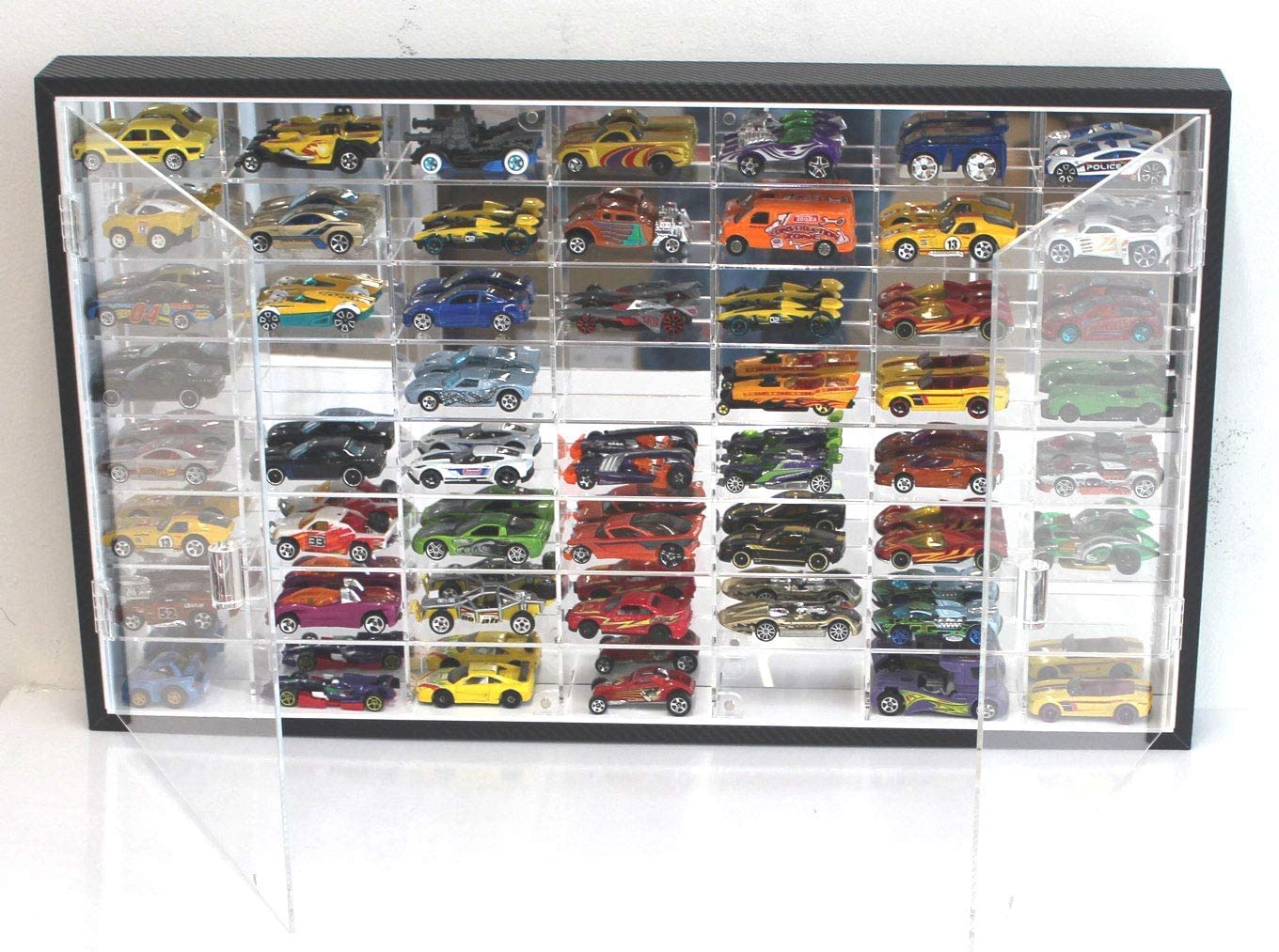 DisplayGifts 1/64 Scale Toy Cars Hot Die-cast Wheels Matchbox Display Case Storage Cabinet Shelf Rack for 56 Slots - 2 Doors, 23.5 X 15 X 2 inches