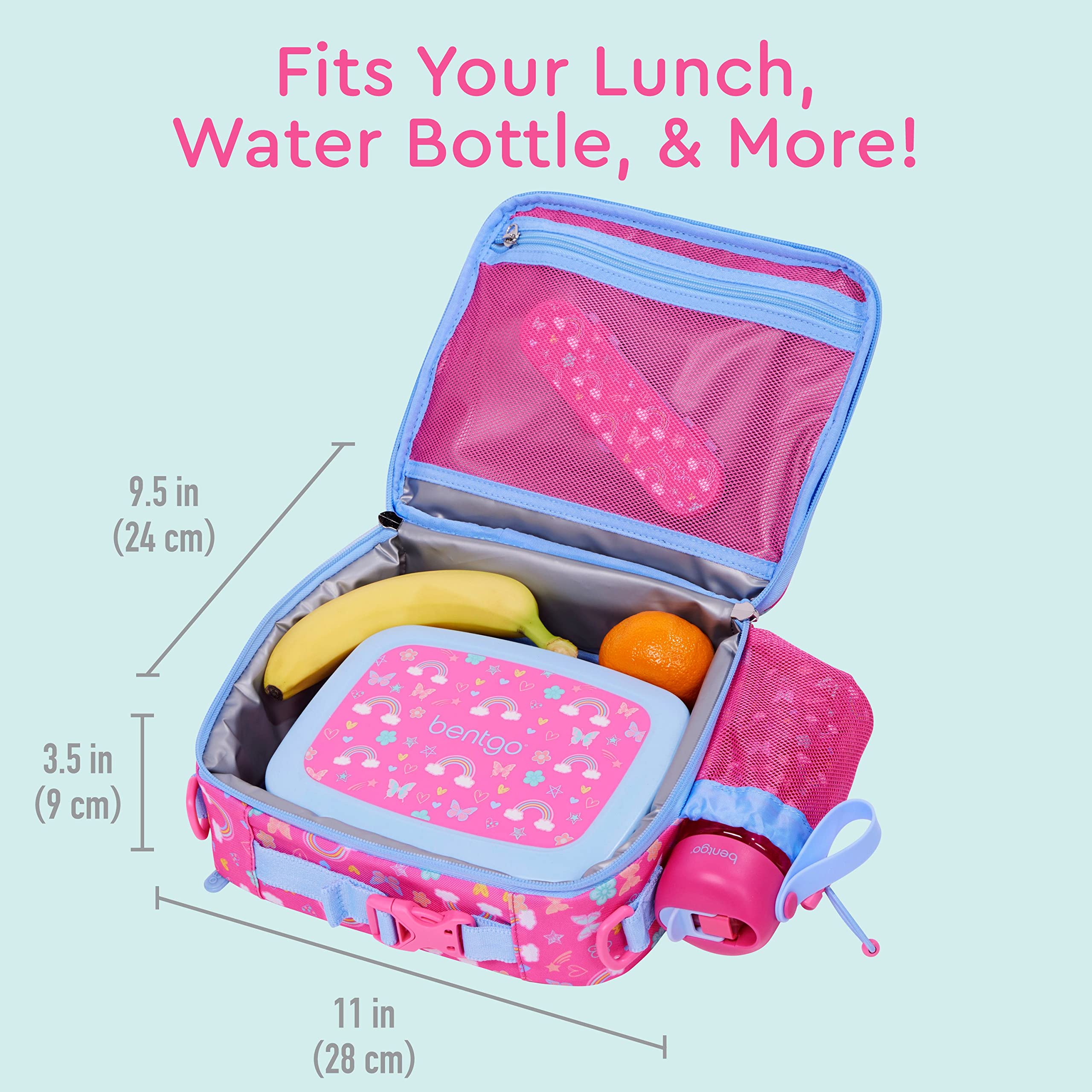 Bentgo® Kids Lunch Bag - Durable, Double Insulated, Water-Resistant Fabric, Interior & Exterior Zippered Pockets, Water Bottle Holder - Ideal for Children 3+ (Rainbow)