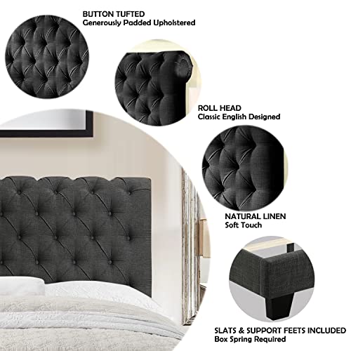 Rosevera Atherine Upholstered Platform Bed Frame/Fabric Upholstered Bed Frame with Adjustable Headboard/Chesterfield-Styled/Wood Slat Support,Queen,Charcoal