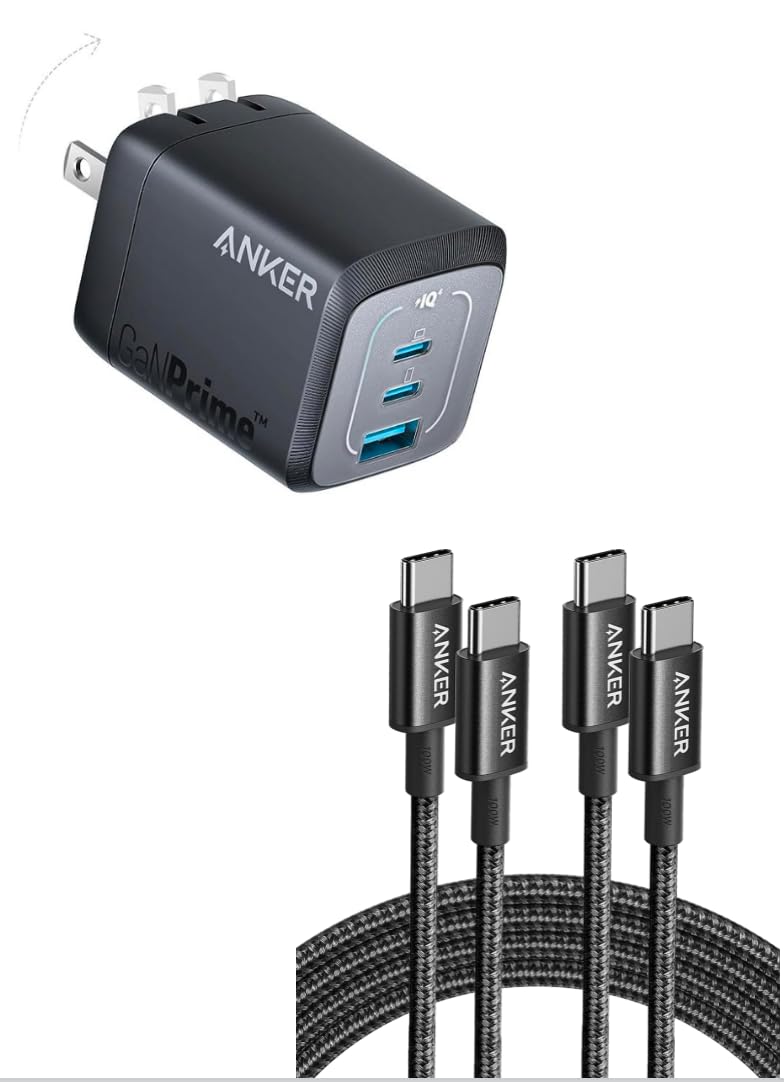 Anker 333 USB C to USB C Cable (6ft 100W, 2-Pack), USB 2.0 Type C Charging Cable Fast Charge Prime 67W USB C Charger, GaN Wall Charger, 3-Port Compact Fast PPS Charger