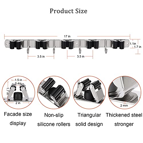 Mop Broom Holder Wall Mounted,Heavy Duty Mop and Broom Wall Mount Stainless Steel with 5 Racks 4 Hooks for Laundry Room, Home, Garage, and 1 hook Separated included （Black）