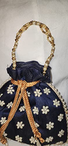 Art Silk Potli Bag This Hand Embroidered Stylish Piece with Pearls all around and beads work pearl handle. (Blue)