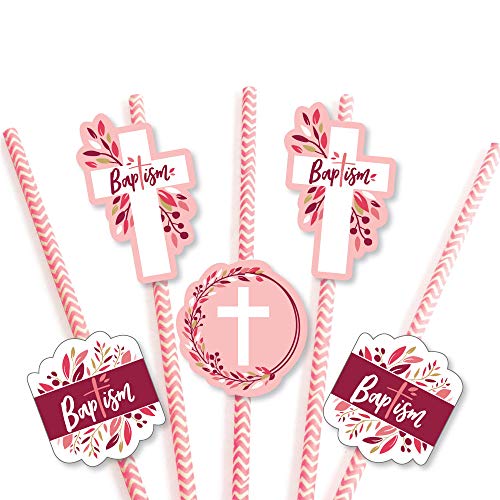 Baptism Pink Elegant Cross - Paper Straw Decor - Girl Religious Party Striped Decorative Straws - Set of 24