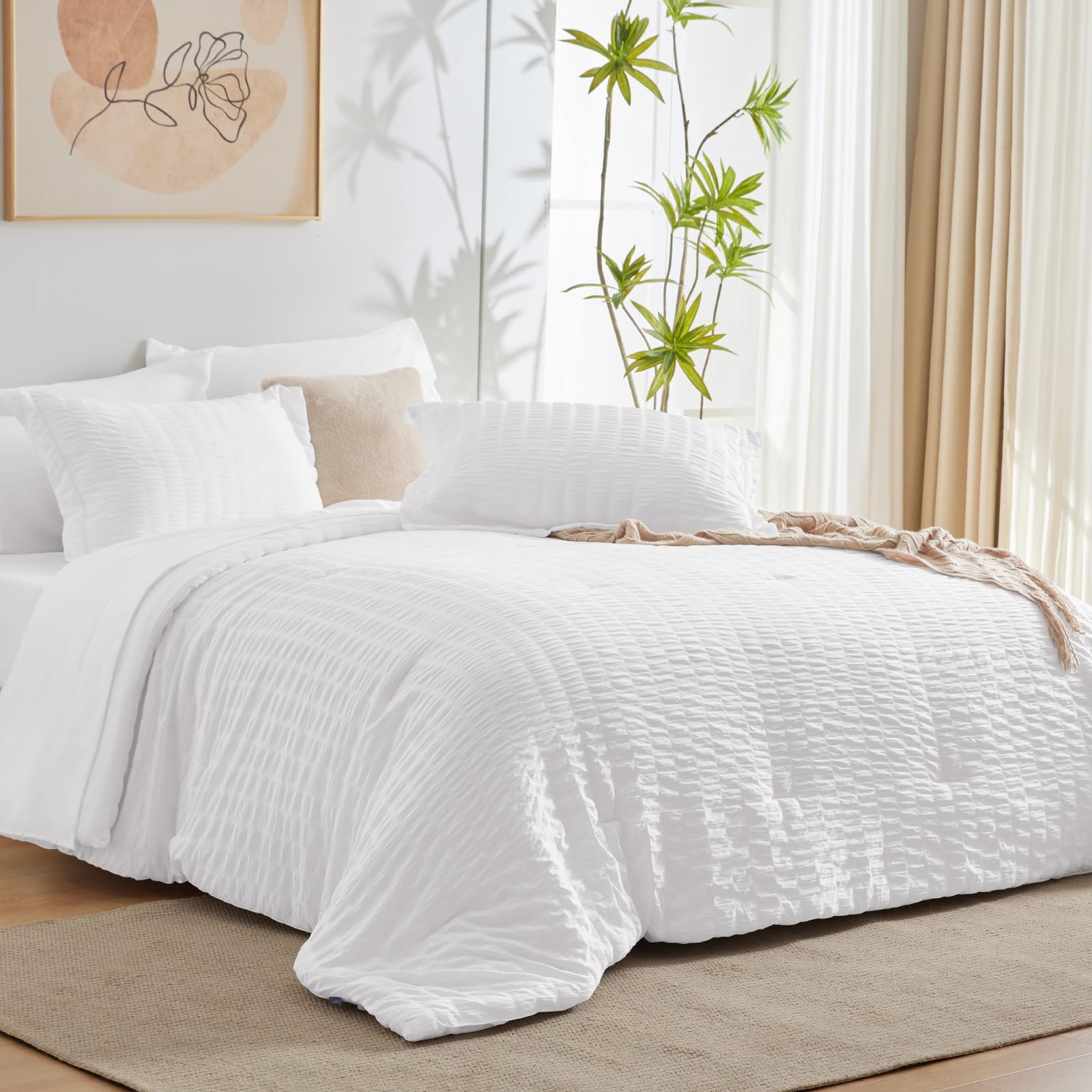 CozyLux Twin Bed in a Bag White Seersucker Textured Comforter Set with Sheets 5-Pieces for Girls and Boys - Bedding Sets with Comforter, Pillow Sham, Flat Sheet, Fitted Sheet, Pillowcase