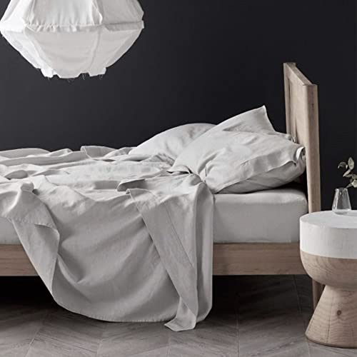 Merryfeel Linen Sheet Set Queen, Luxurious 100% French Linen Bed Sheets Deep Pocket Sheets, 4 Pieces Breathable Bedding Set, Washed French Linen Sheet- Grey