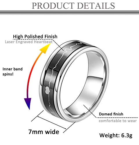 ALEXTINA 7MM Smooth Stainless Steel Spinner Rings for Women Men Heartbeat Couple Rings Black Size 6