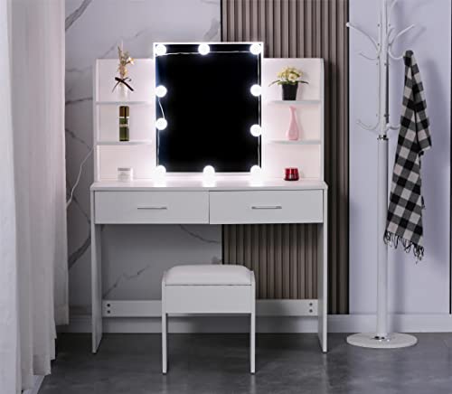 CIATRE White Elegant Vanity Set with 10 LED Light Bulbs, Cushioned Stool, and Ample Storage - Perfect for Makeup and Organization