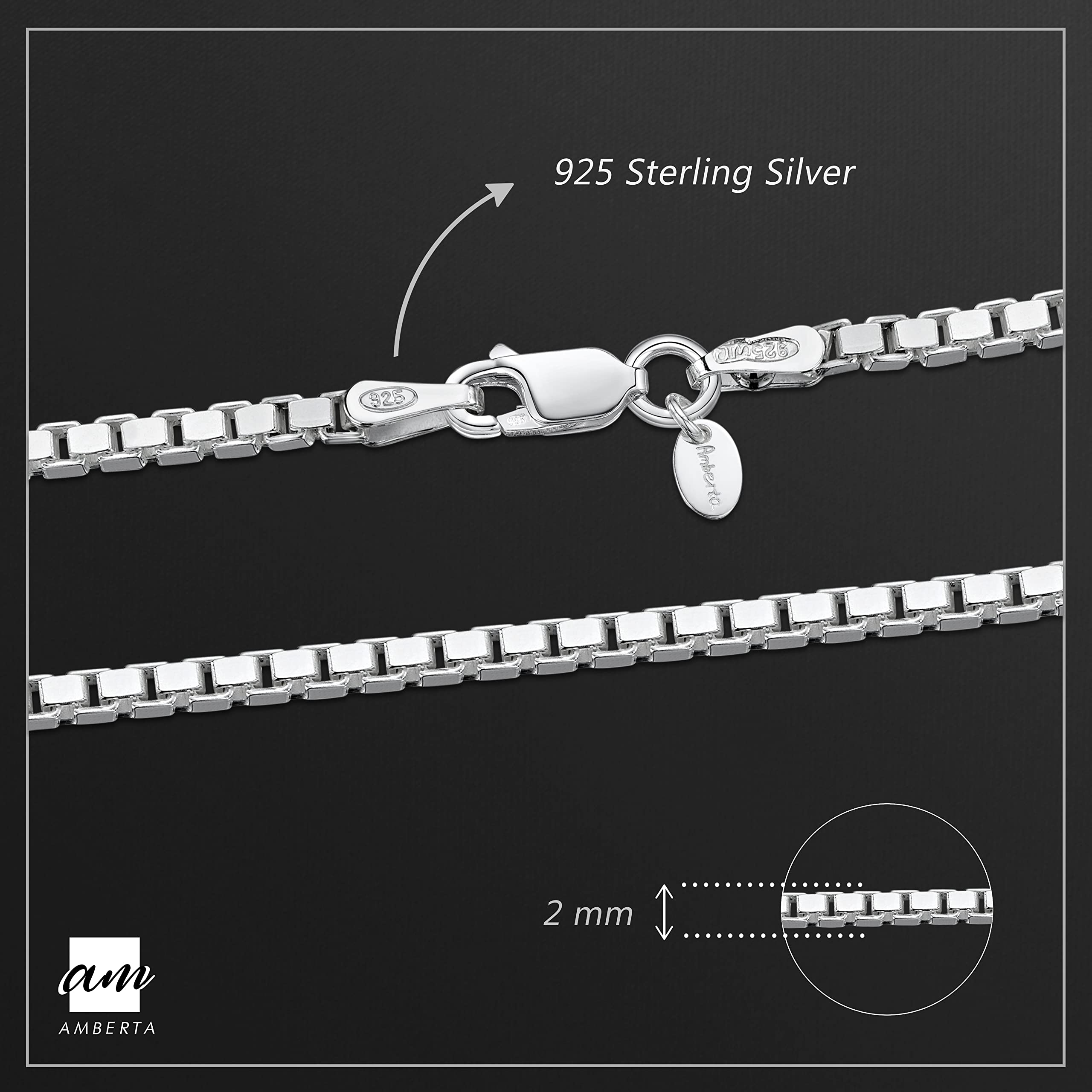 Amberta 925 Sterling Silver 2 mm Venice Box Chain Necklace Length 18" inch / 45 cm (18)