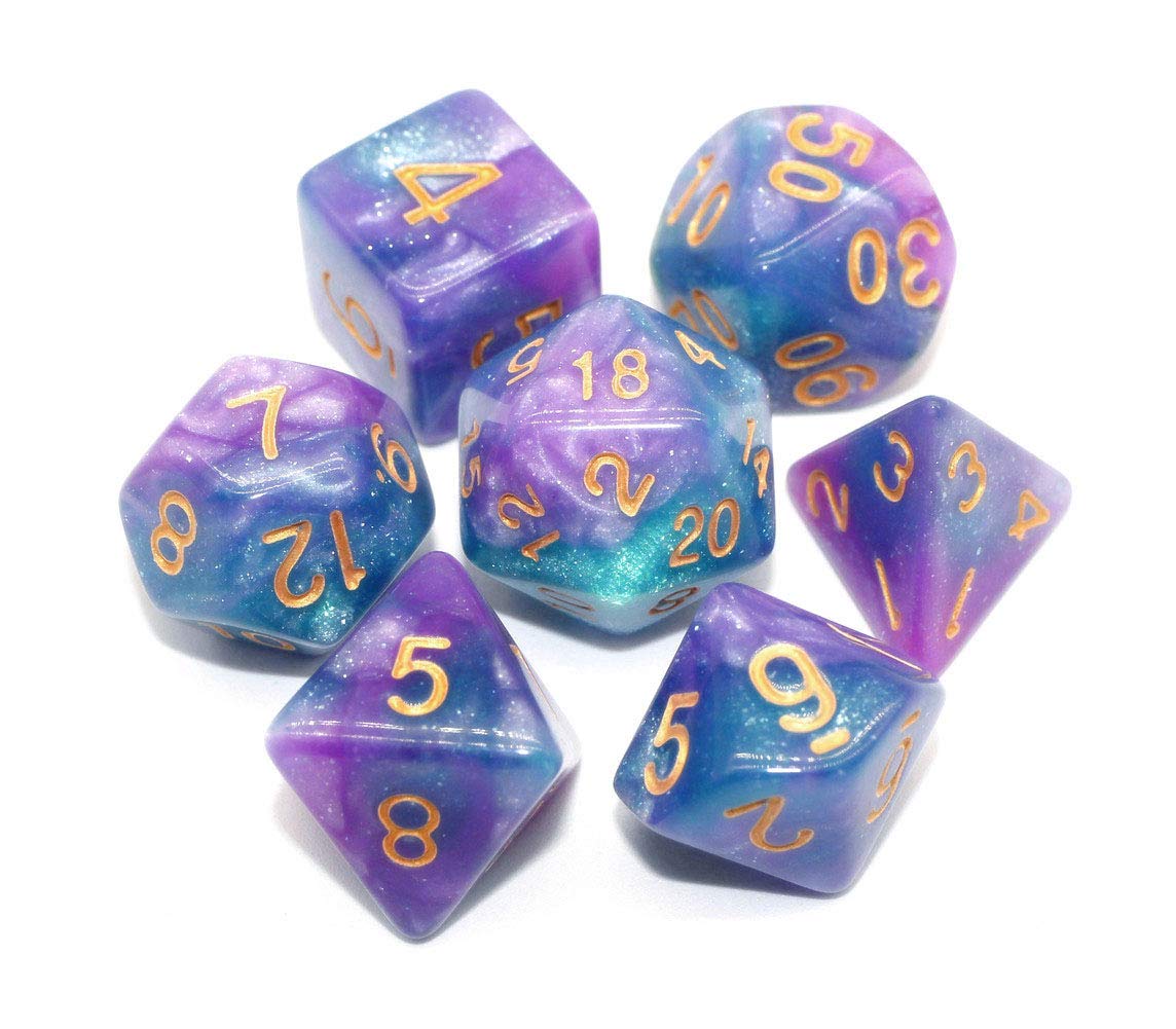 DND Dice Polyhedral 7-Die Dice Set for D&D Dungeons & Dragons Role Playing Gaming Night Sky dice with Glitter Purple Green…