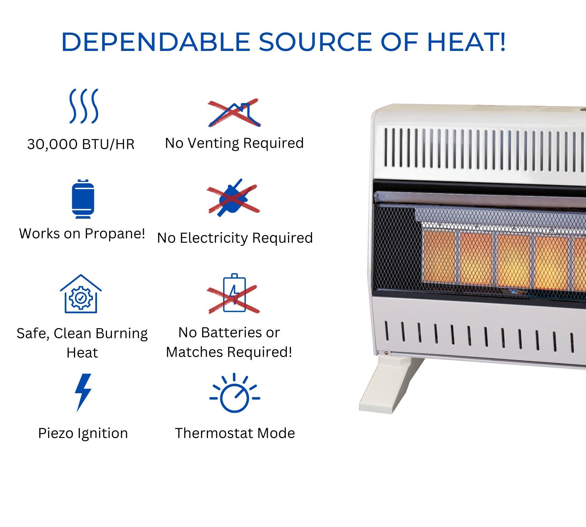 ProCom ML250TPA-B Ventless Propane Gas Infrared Space Heater with Thermostat Control for Home and Office Use, 25000 BTU, Heats Up to 1400 Sq. Ft., Includes Wall Mount and Base Feet, White