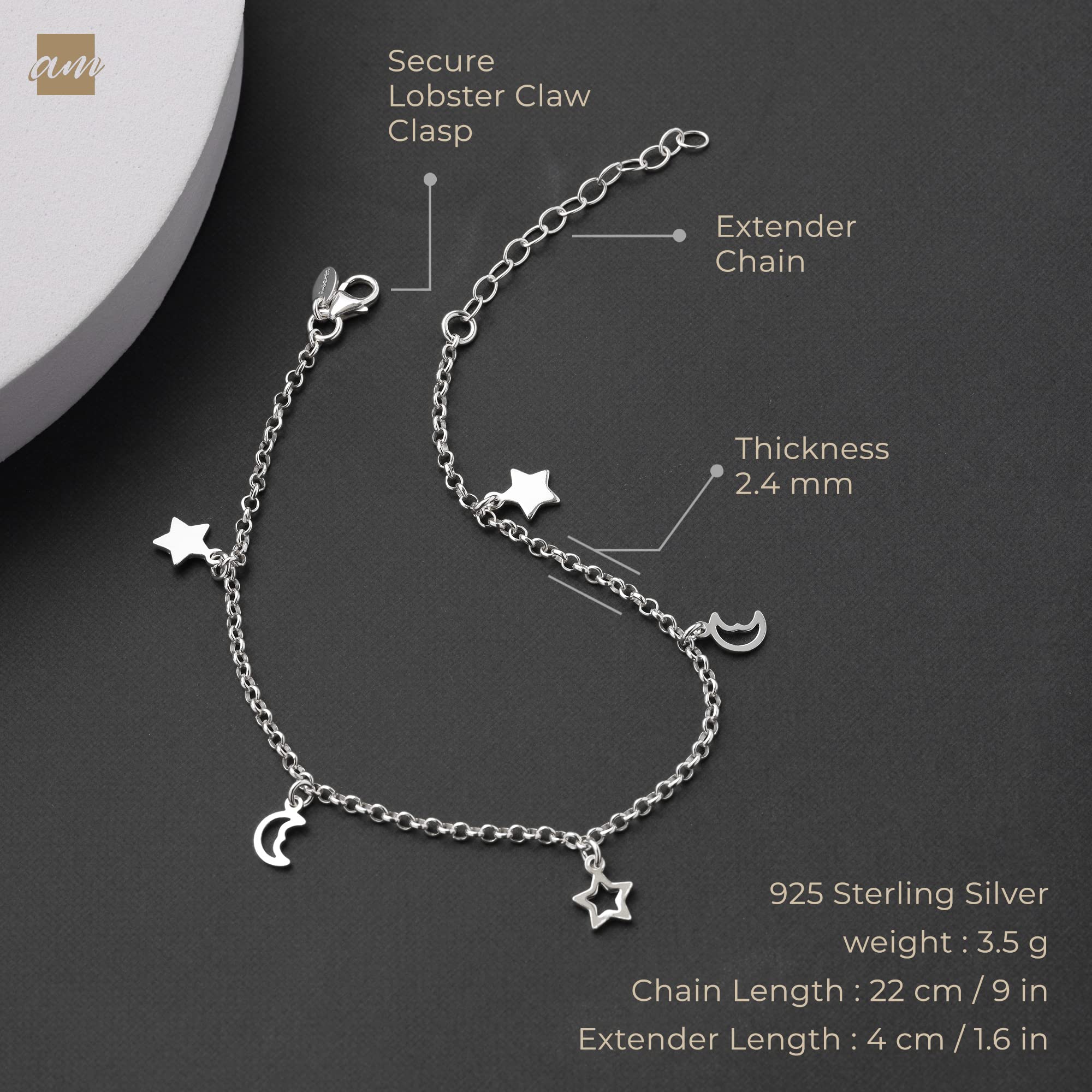 Amberta Women 925 Sterling Silver Anklet with Charms: Ankle Bracelet with Moons and Stars - 22 + 4 cm