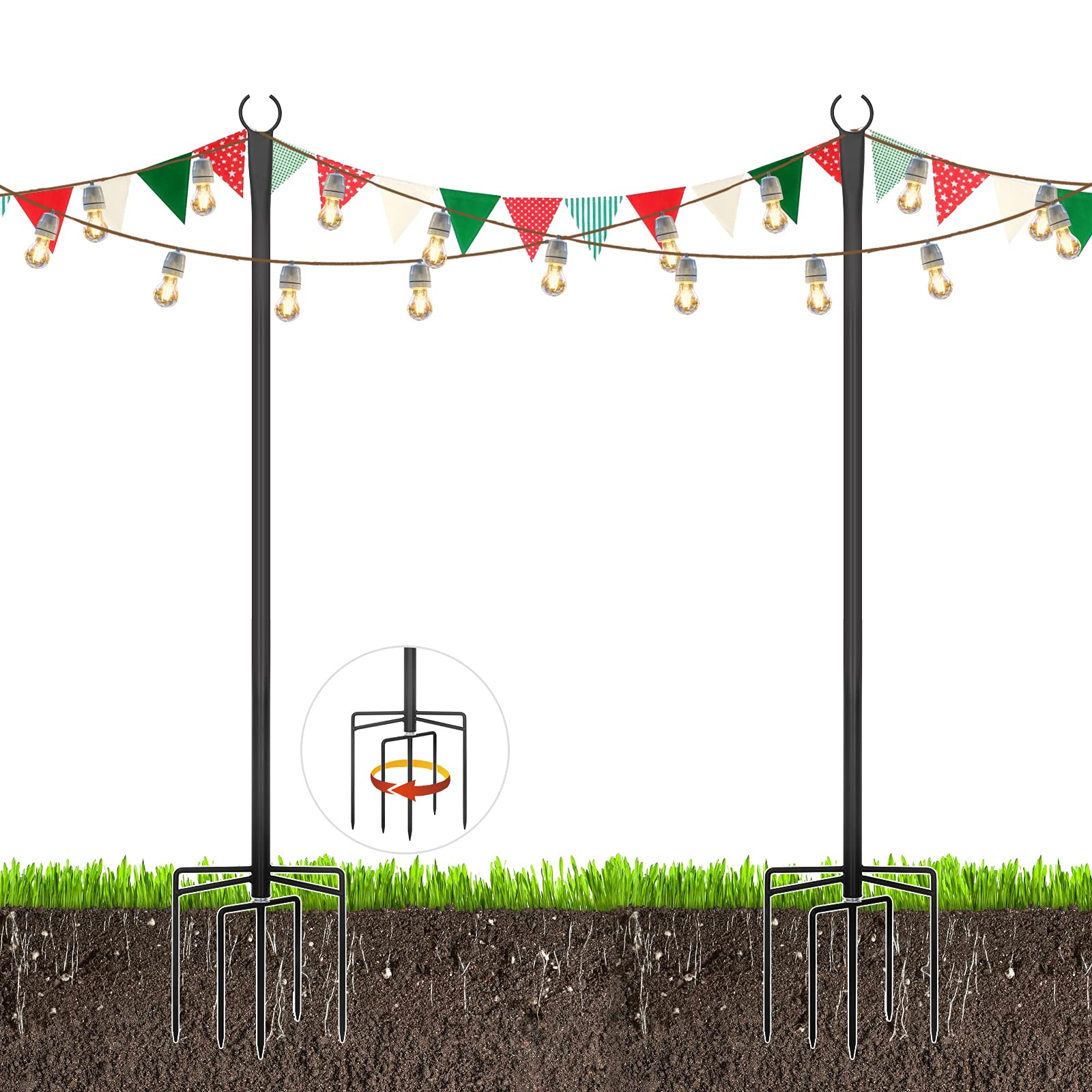 String Light Poles for Outside, 2 Pack 9ft 5 Prong Base Poles for Outdoor String Lights with Hooks- Garden, Backyard, Patio Light Poles for Wedding Party Deck Christmas