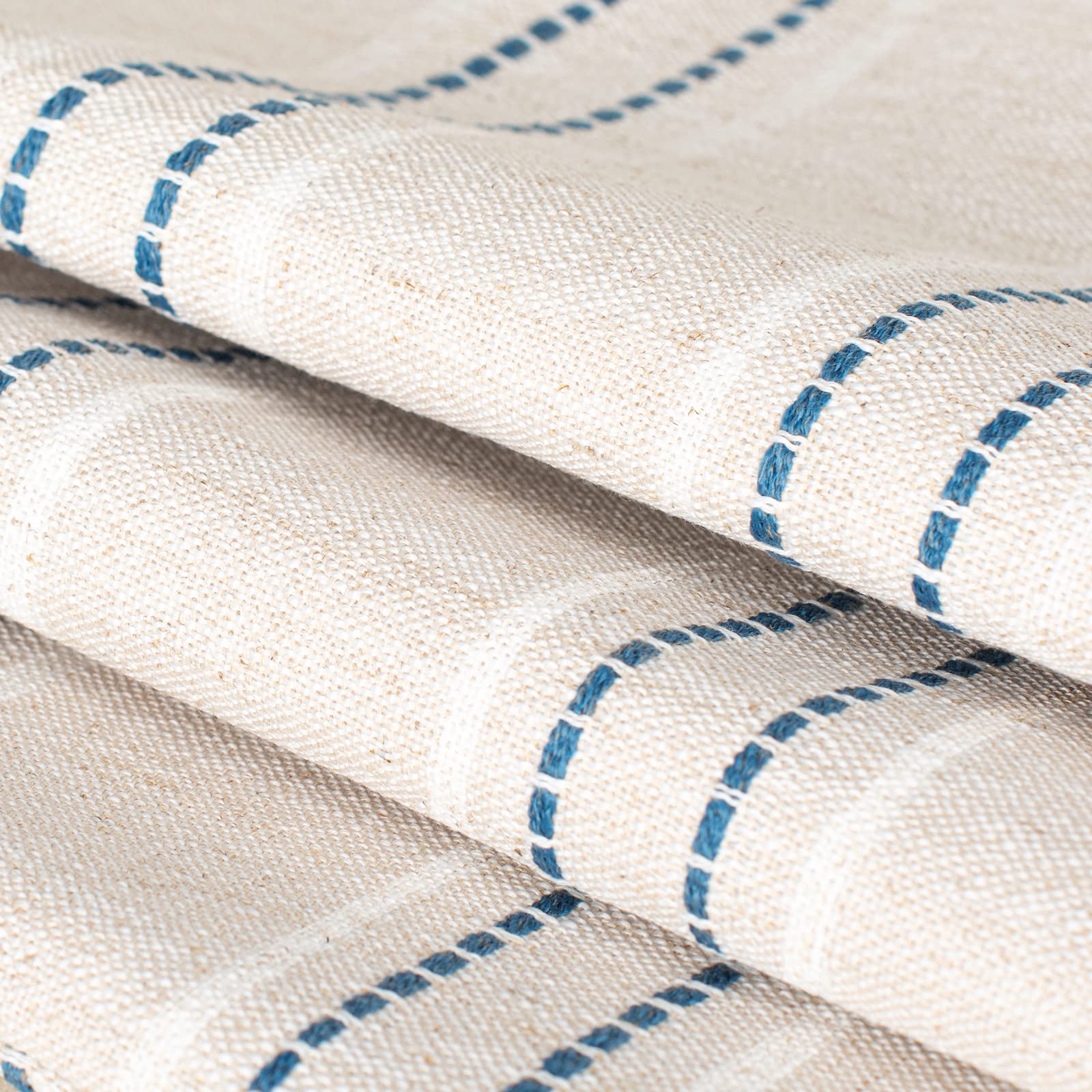 AELS 18x18 Decorative Farmhouse Linen Throw Pillow Covers, Boho Textured Pillow Case, Set of 2,Beige with White & Navy Blue Stitch Yarn Dyed Stripe Cushion Cover for Sofa Couch Living Room(Cover ONLY)