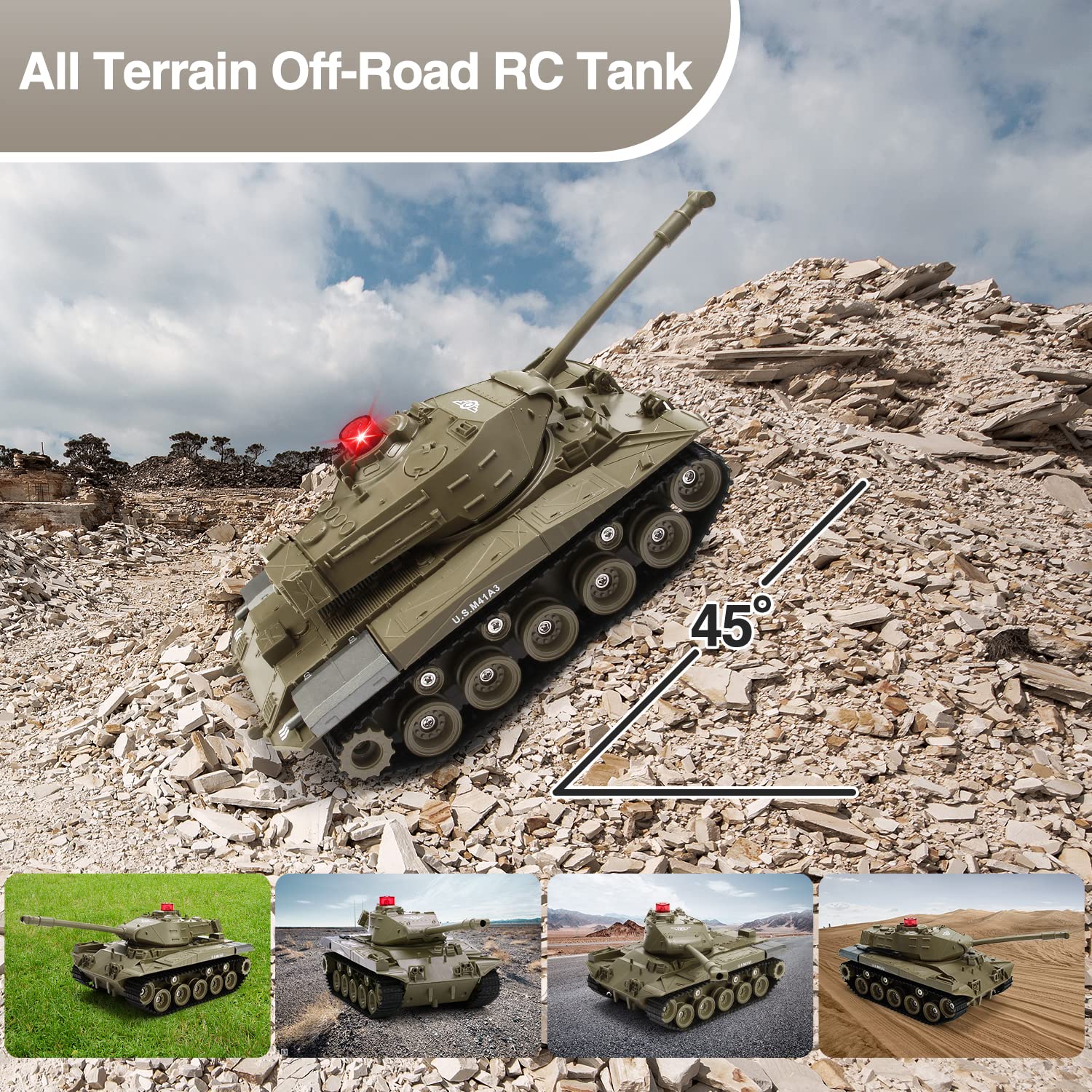 Remote Control Tank for Kids, M41A3 American Army Battle Tank, Programmable RC Tanks with Lights & Realistic Sounds, RC Military All Terrain Off-Road Vehicles, Great Gift Tank Toy for Boys
