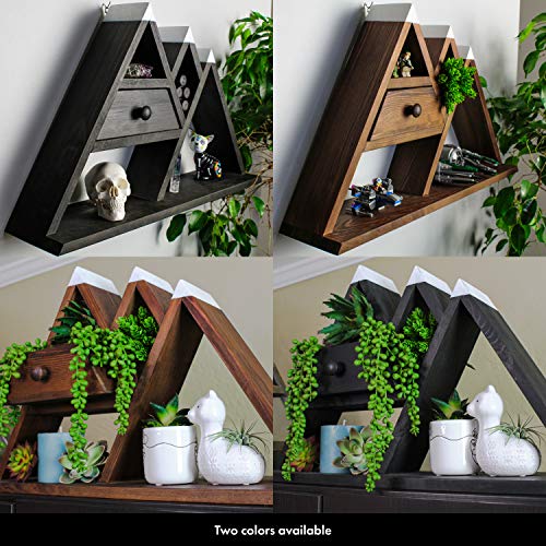 Rustic Curiosities Large Mountain Shelf - 20X12X4.5 Inch Crystal Display Shelf for Succulents, Plants, Essential Oils, Includes Pull Out Drawer, Extra Wide Base Crystal Holder (Black)