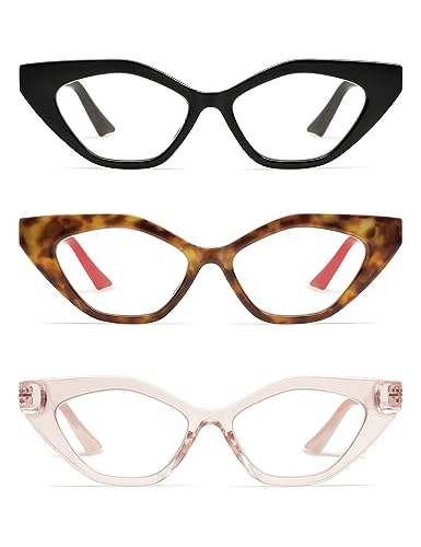 AMOMOMA 3 Pack Trendy Reading Glasses for Women,Blue Light Narrow Cute Cat Eye Readers AM6100 C1+C2+C3 1.0