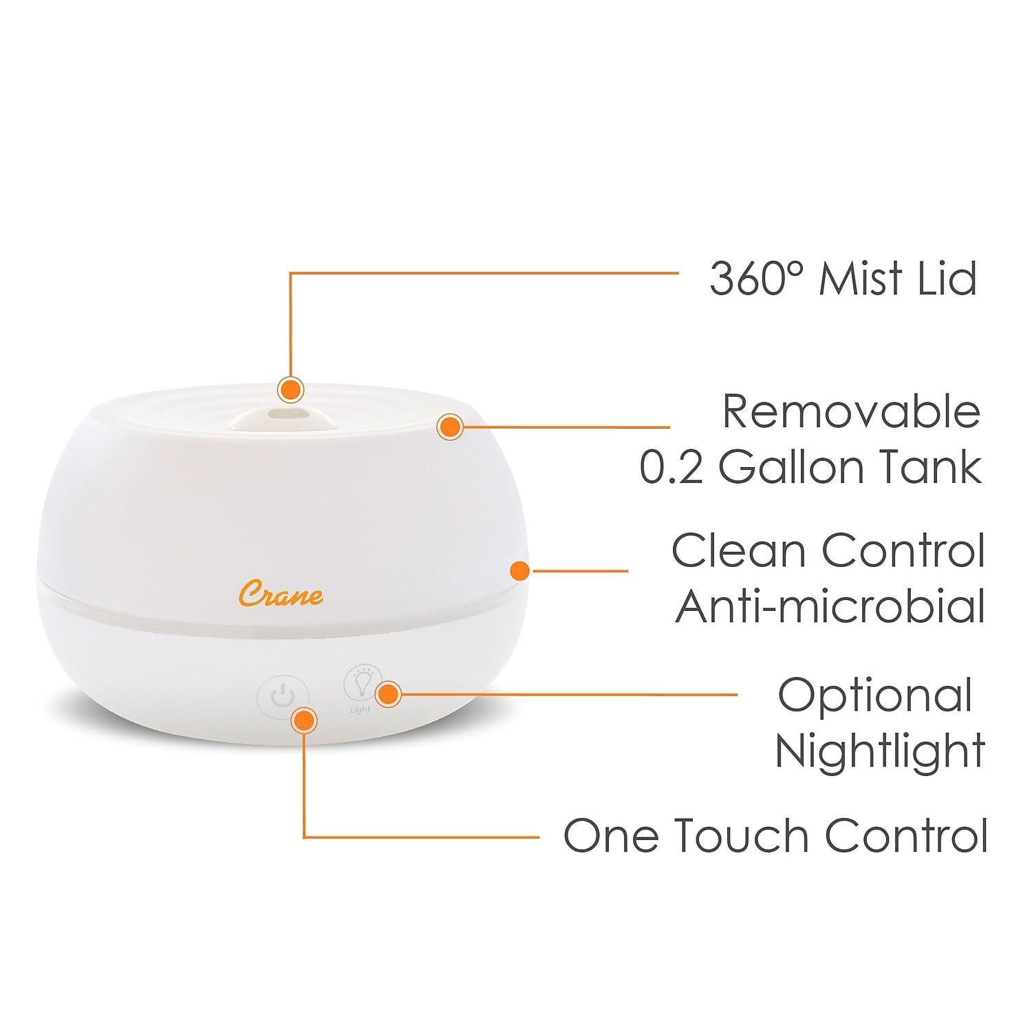 Crane Small Ultrasonic Diffuser and Air Humidifiers for Bedroom and Office, .2 Gallon Cool Mist Humidifier for Personal Use, No Humidifier Filters Needed, White