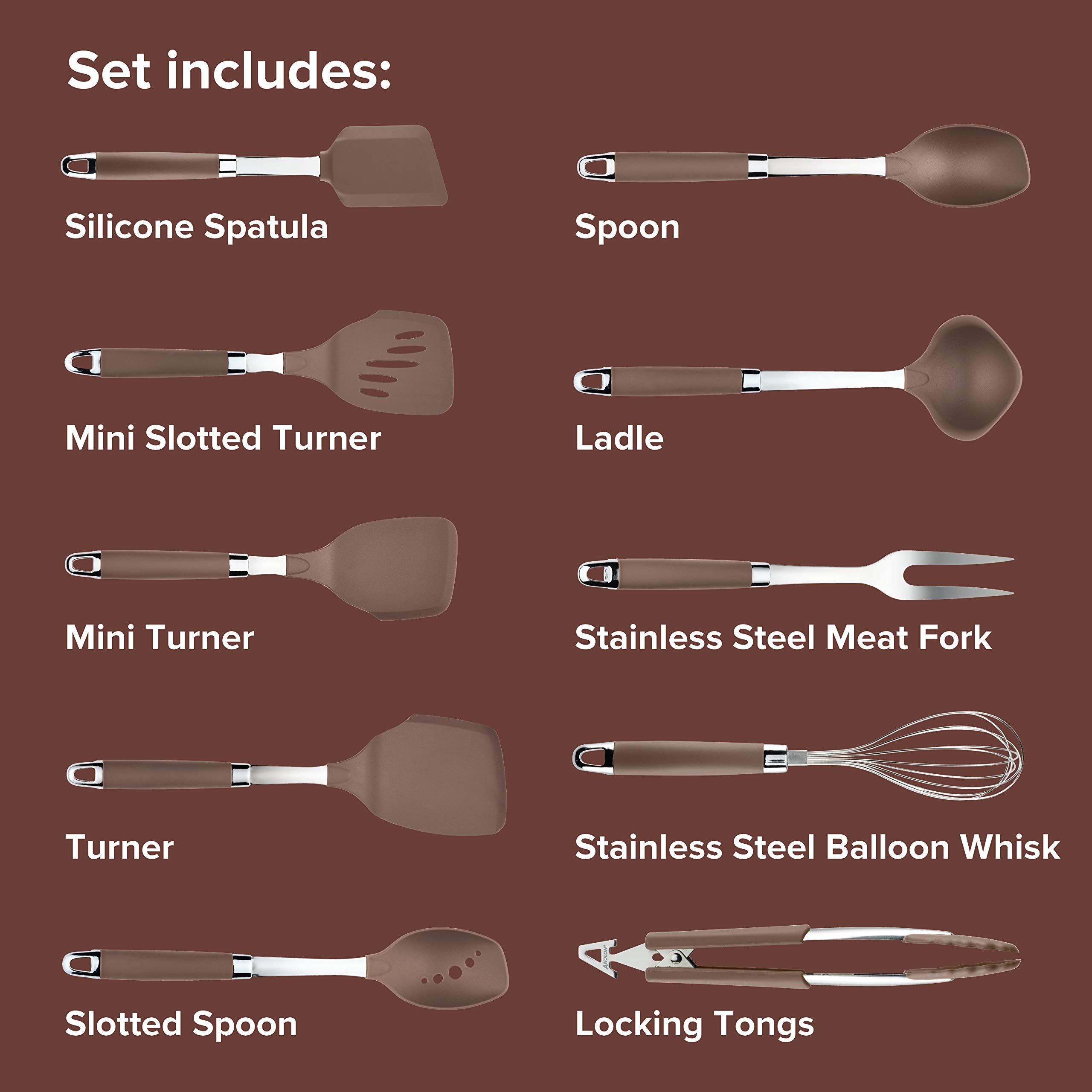 Anolon Tools Set/Nonstick Nylon Cooking Utensils/Kitchen Gadgets Includes Spoons, Turners, Ladle, Meat Fork, Whisk, and Locking Tongs, 10 Piece, Bronze