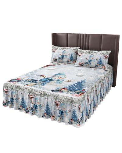 AMZRicher Snowman Wrap Around Pleated Bed Skirts for Queen Bed 60x80, Decorative Dust Ruffle Bed Sheet & Bedskirt 18'' Drop Bedspread with Pillow Case 20x30 Christmas Winter Farmhouse Ball Snowflake