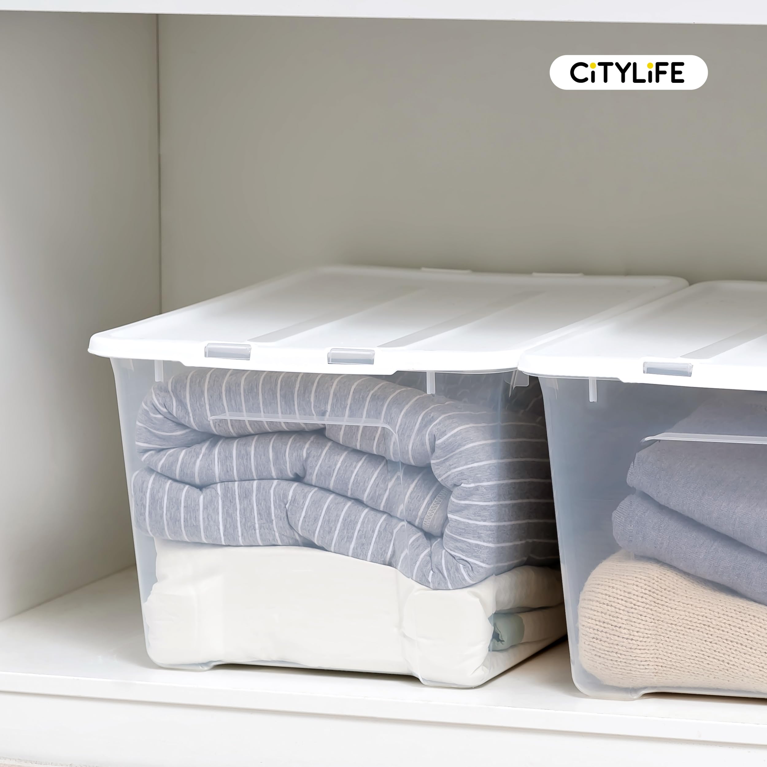 Citylife 54 Quart Stackable Storage Plastic Storage Box with Tight Locking Lid Clear Storage Box Chest, Plastic Container for Organizing Clothes in Closet, 4-Pack