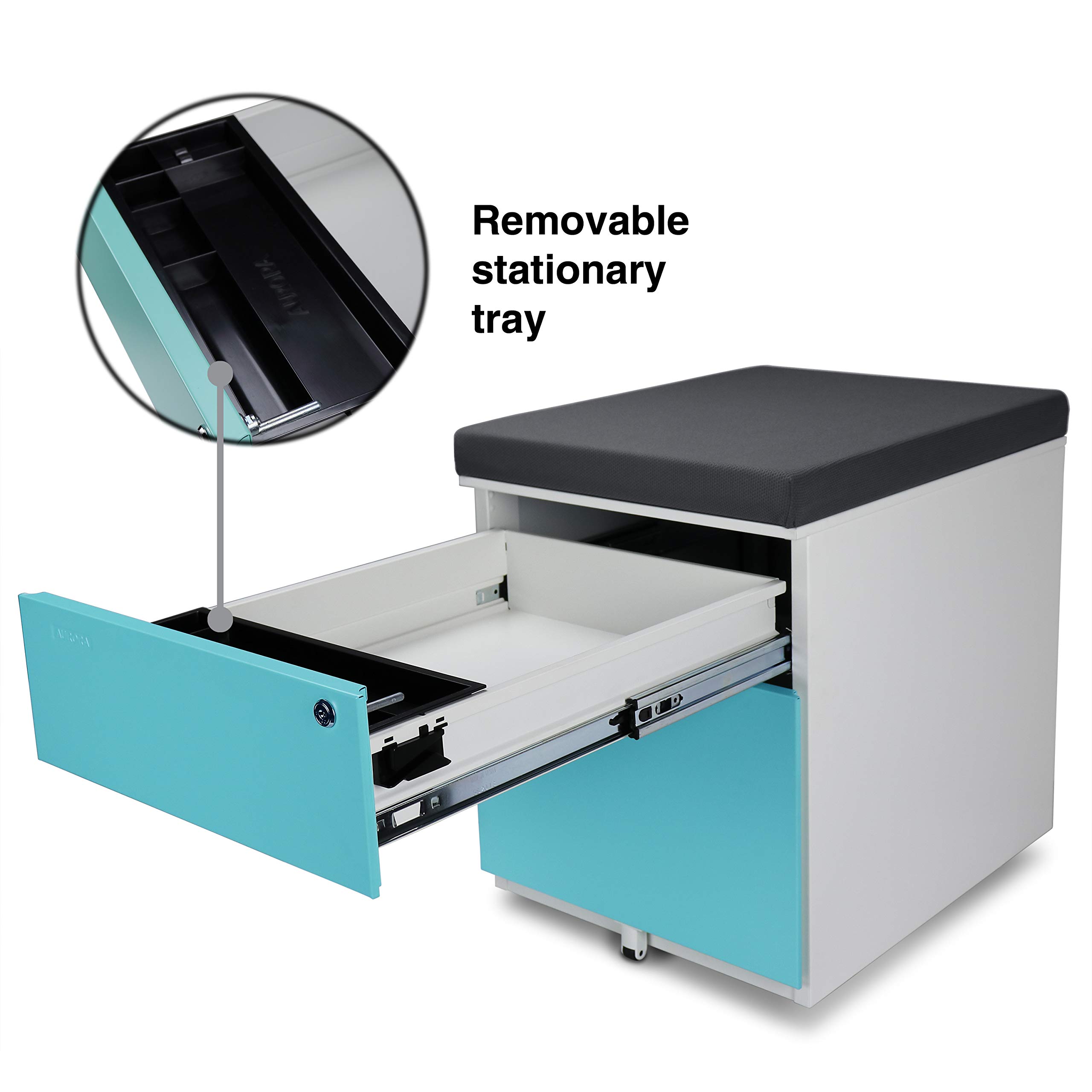 Aurora Mobile File Cabinet 2-Drawer Metal with Comfort Seat Cushion, Lock Key Sliding Drawer, Fully Assembled, Ready to Use, White/Aqua Blue