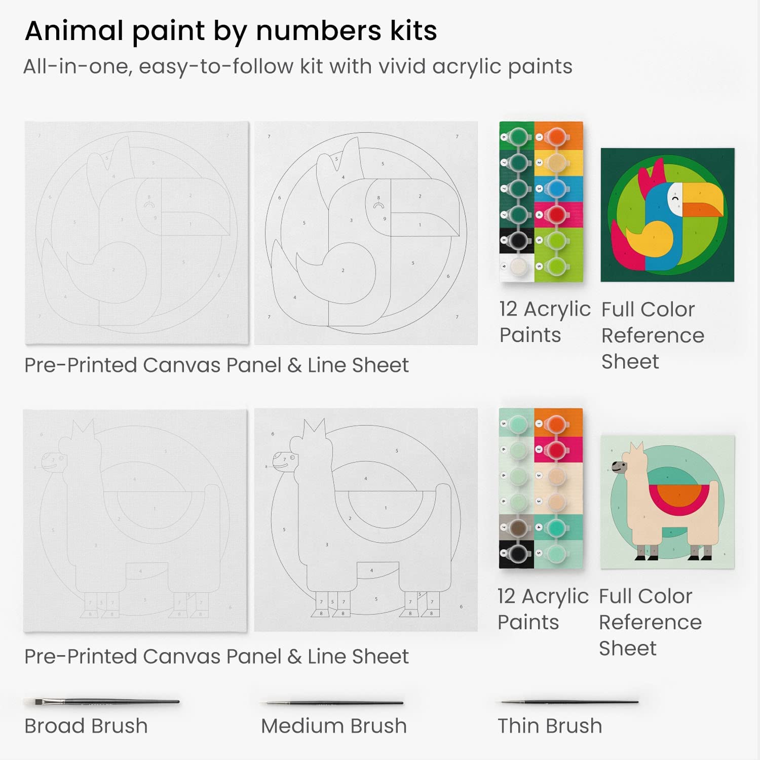Arteza Kids Paint by Numbers Kit, 10 x 10 Inches, Pre-Printed Animal Canvas Painting Kit with 2 Canvases, 24 Acrylic Paint Pots, 3 Paintbrushes, Art Supplies for Developing Hand-Eye Coordination