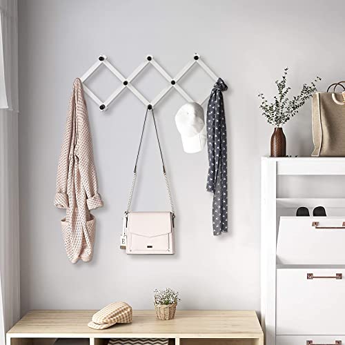CILXGQLN 2 Pack Expandable Coat Rack Hat Hangers for Wall, Accordion Wall Hangers, Wooden Hat Rack Wall Mounted, 10 Peg Hooks for Keys, Hat, Bags, Coats, Towels, Umbrella, Necklaces, White