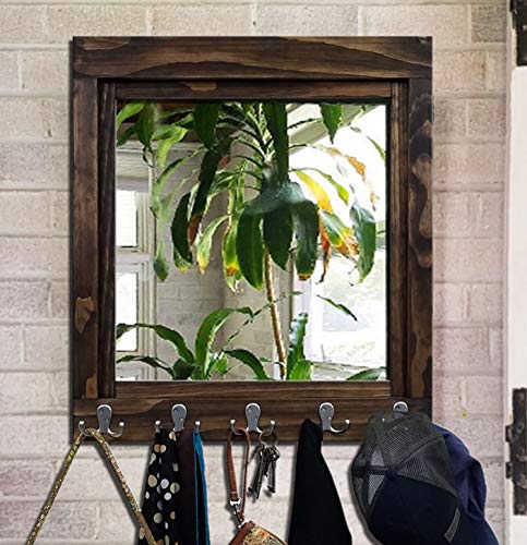 Reading Mirror with Wall Hooks, Coat Rack, Decorative Mirror, Entryway Organizer, Key Holder, Coat Hooks - 20 Colors - Shown in Dark Walnut
